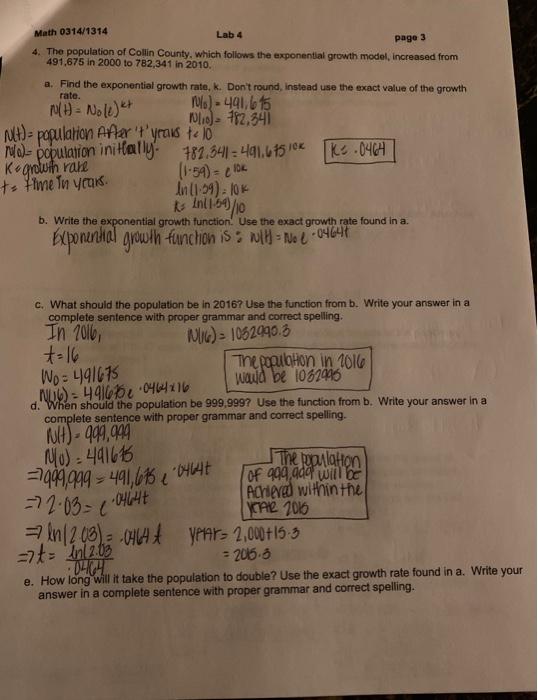 Solved page 3 Math 0314/1314 Lab 4 4. The population of | Chegg.com
