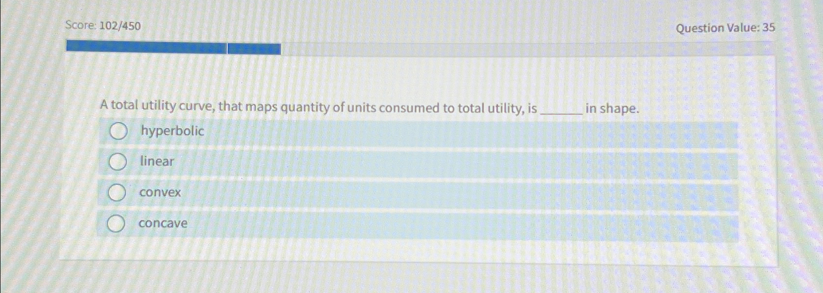 Solved Score: 102450Question Value: 35A total utility curve, | Chegg.com