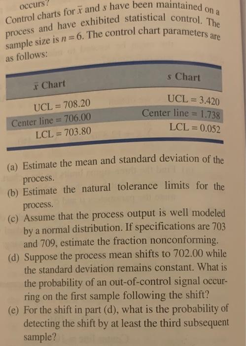 Solved Control charts for xˉ and s have been maintained on a | Chegg.com