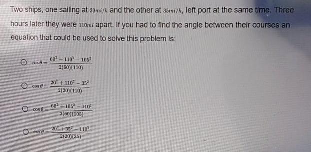Solved Two ships, one sailing at 20m(i)/(h) and the other at | Chegg.com