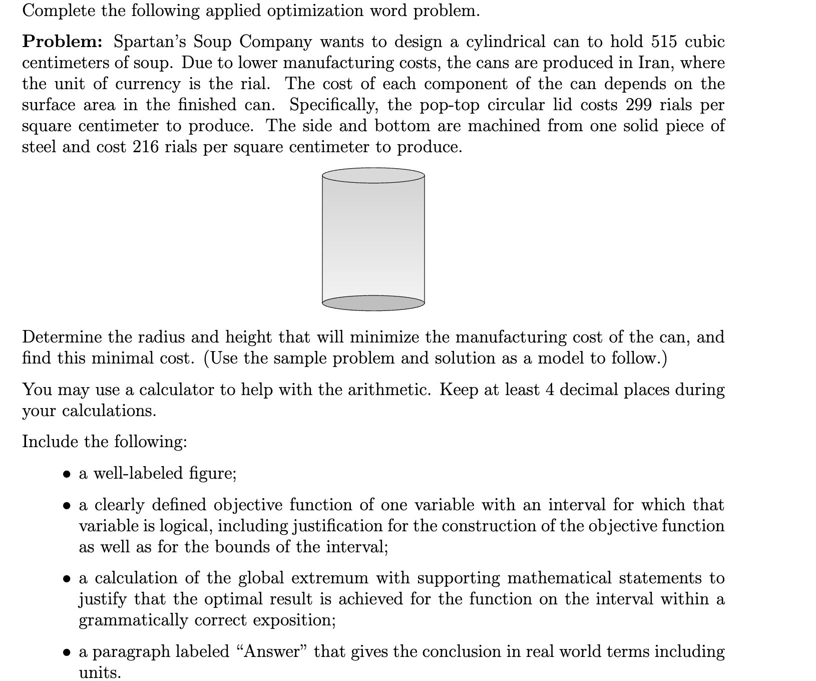 Solved Complete the following applied optimization word | Chegg.com