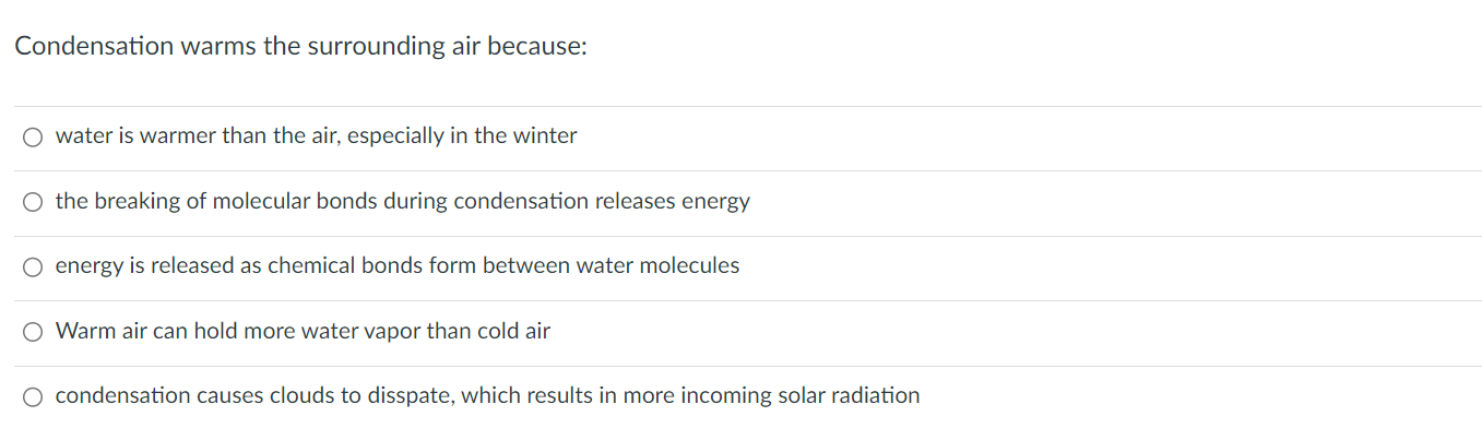 Solved Condensation warms the surrounding air because:water | Chegg.com