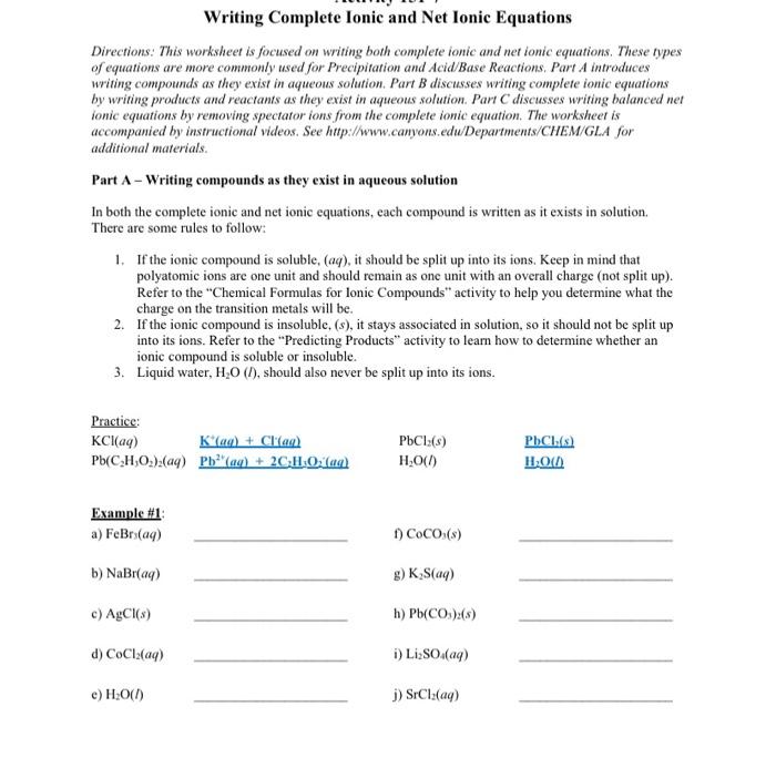 Solved Writing Complete Ionic and Net Ionic Equations | Chegg.com