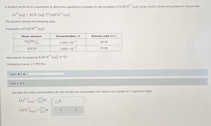 Solved Fe3+(aq)+SCN−(aq)⇌FeSCN2+(aq) The student collects | Chegg.com