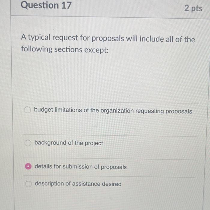 Solved A typical request for proposals will include all of | Chegg.com