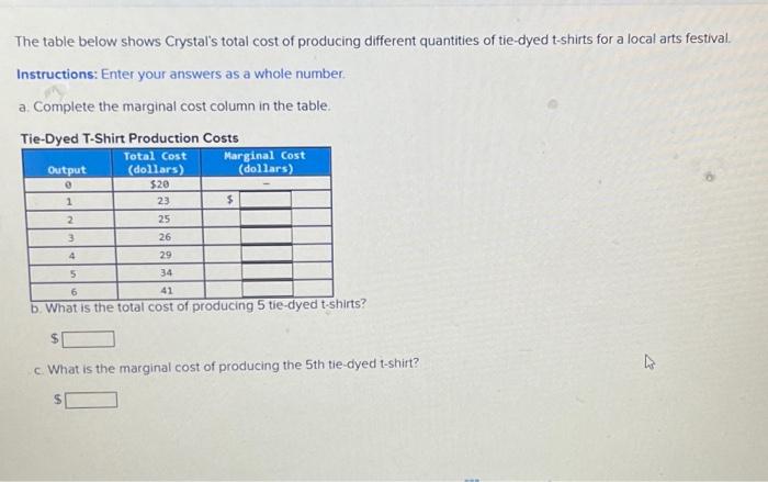 Solved The table below shows Crystal's total cost of | Chegg.com