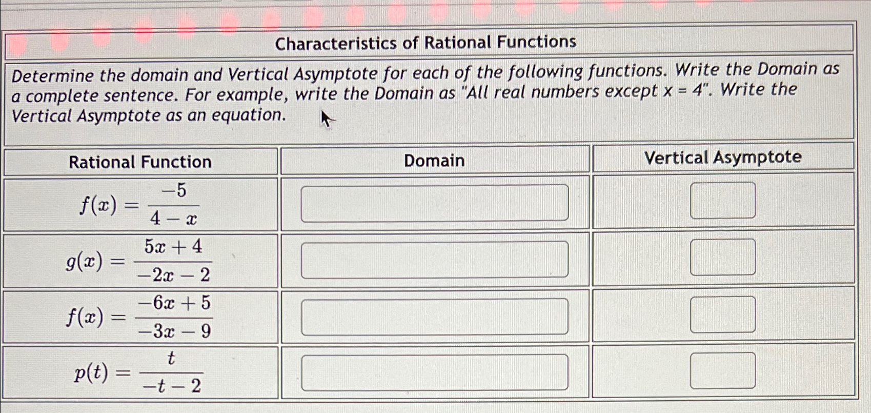 Solved Characteristics of Rational FunctionsDetermine the | Chegg.com