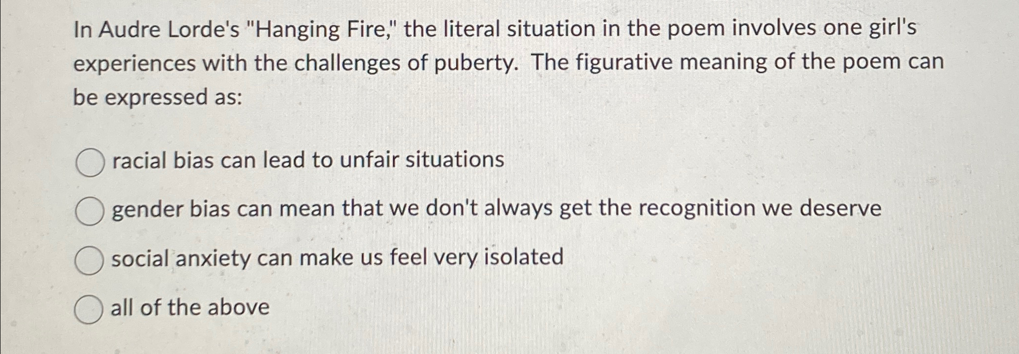 Solved In Audre Lorde's "Hanging Fire," the literal | Chegg.com