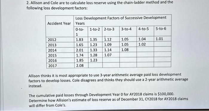 Solved 2. Allison and Cole are to calculate loss reserve | Chegg.com