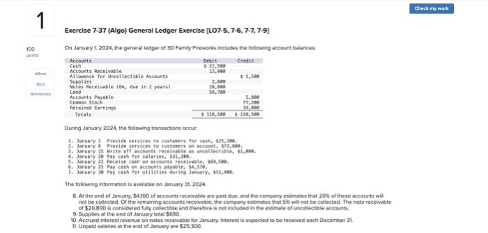Exercise 7-37 (Algo) General Ledger Exercise [LO7-5, | Chegg.com
