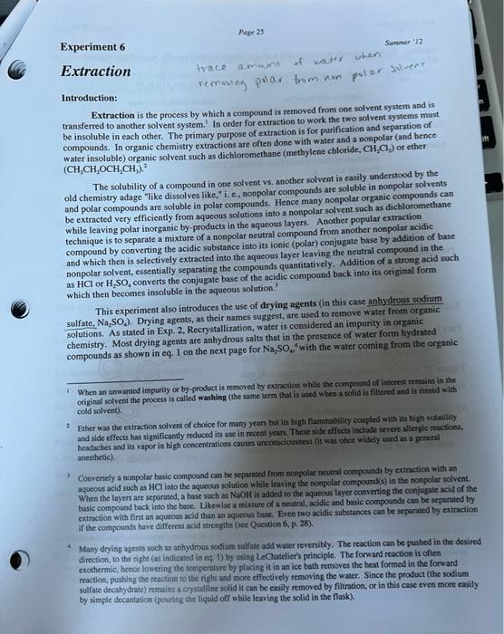 Solved Experiment 6 Sumnoer 12 Extraction Introduction: | Chegg.com