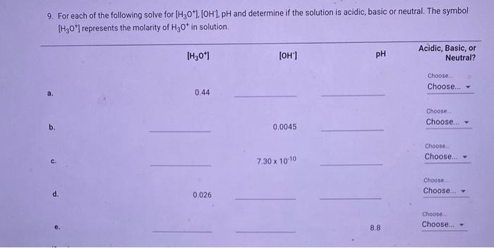 Solved 9. For each of the following solve for [H30*1.[OH'l. | Chegg.com