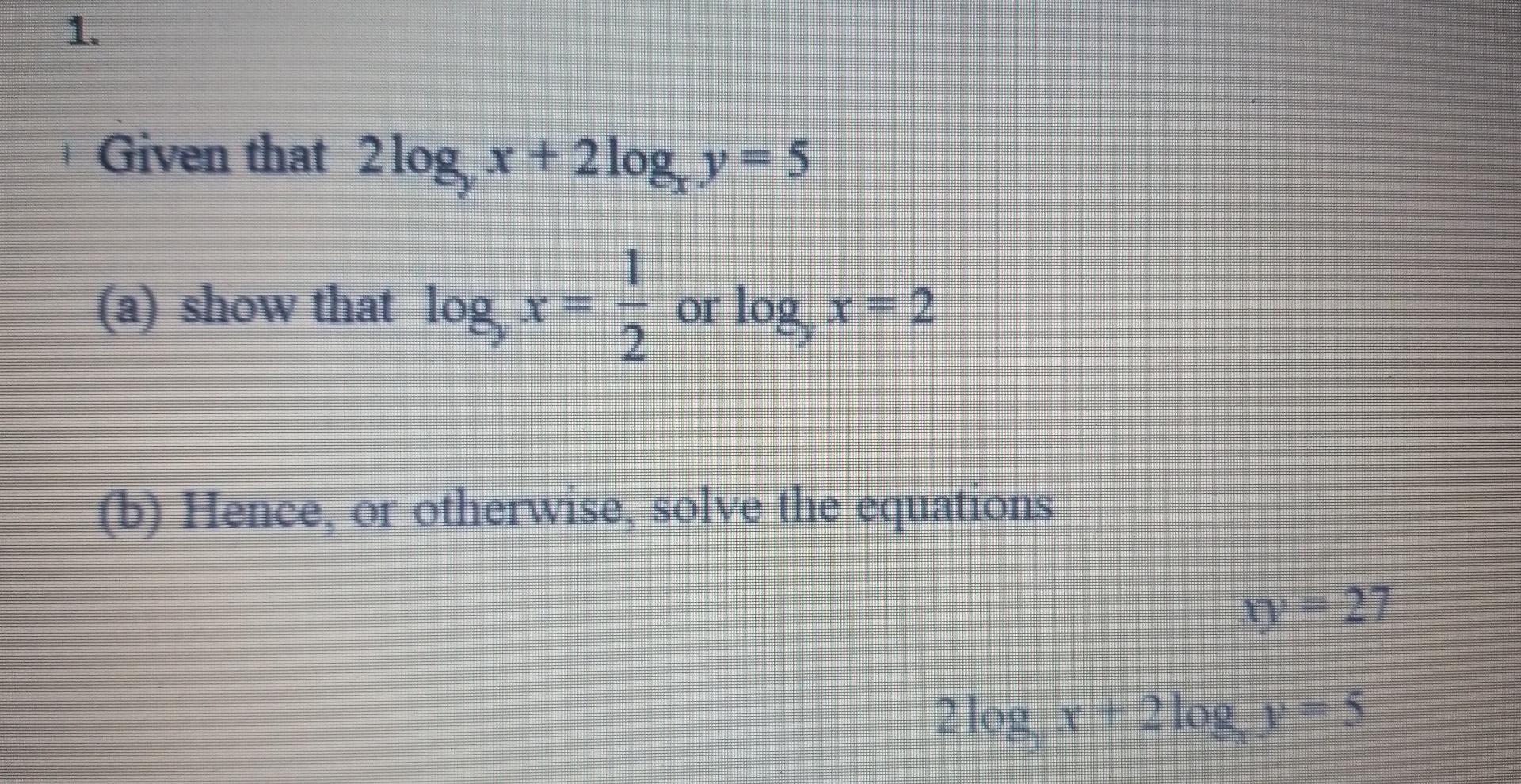 Solved Given that 2log + + 2log, y = 5 (a) show that log, x | Chegg.com