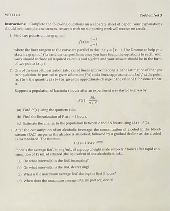 Solved MTH 140 Problem Set 3 Instructions: Complete the | Chegg.com