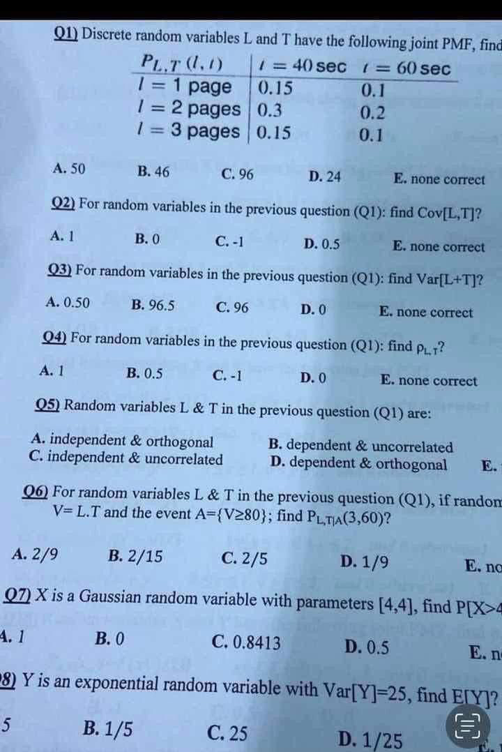 Solved Q1) ﻿Discrete random variables L ﻿and T ﻿have the | Chegg.com