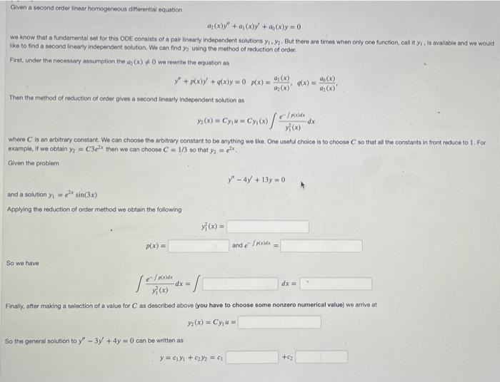 Solved Given A Second Order Linear Homogeneous Differnetial 7912