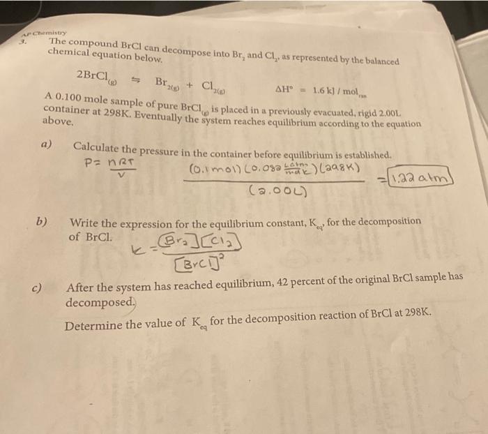 Solved Chemistry 2Br21 - Brun The compound BrCl can | Chegg.com