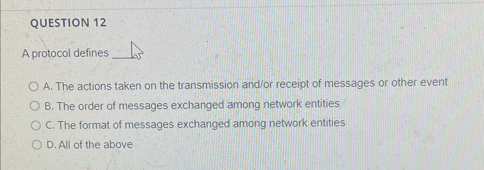Solved QUESTION 12A protocol definesA. ﻿The actions taken on | Chegg.com