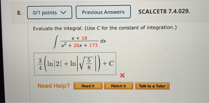 Solved 0/1 points v Previous Answers SCALCET8 7.4.029. | Chegg.com