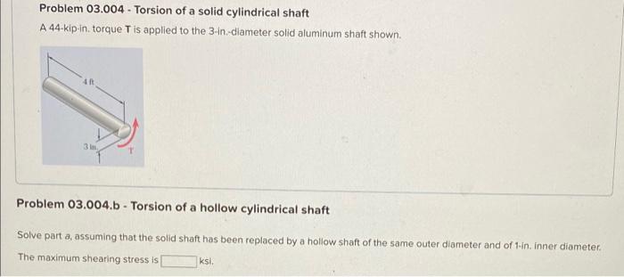 Solved Problem 03.004 - Torsion of a solid cylindrical shaft | Chegg.com