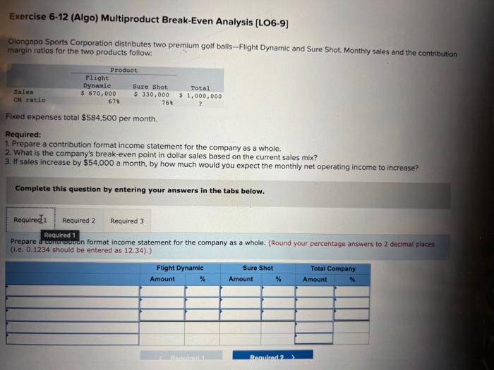 Solved Exercise 6-12 (Algo) Multiproduct Break-Even Analysis | Chegg.com