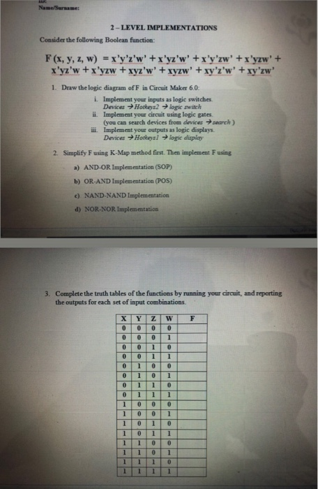 Solved Name Surname: 2-LEVEL IMPLEMENTATIONS Consider the | Chegg.com