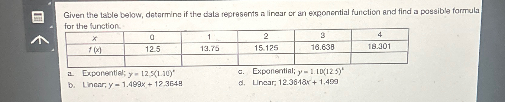 Solved Given the table below, determine if the data | Chegg.com