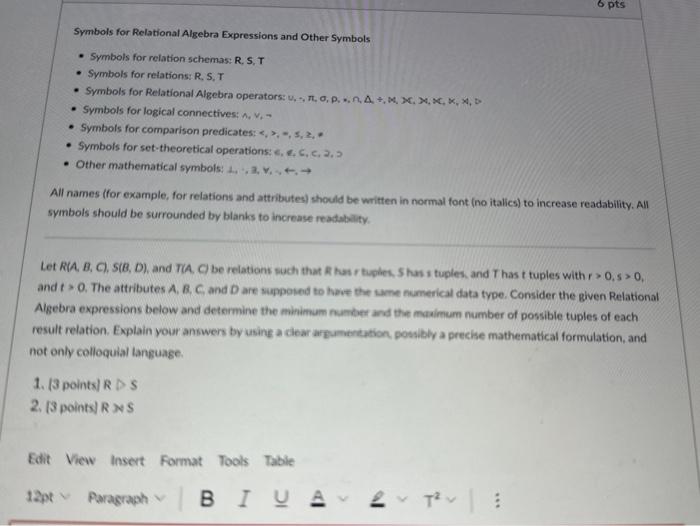 Solved Symbols for Relational Algebra Expressions and Other | Chegg.com