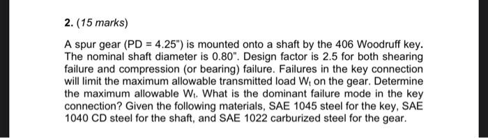 Solved 2. (15 marks) A spur gear (PD = 4.25") is mounted | Chegg.com