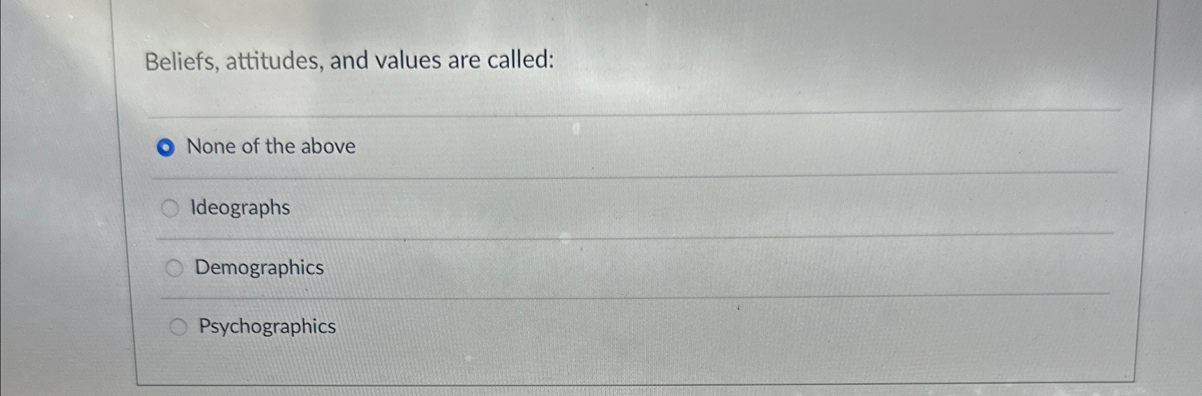 Solved Beliefs, attitudes, and values are called:None of the | Chegg.com