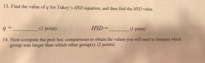 Solved 13. Find the value of q for Tukey's HSD equation, and | Chegg.com