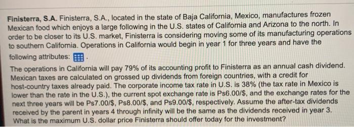 Solved Finisterra, S.A. Finisterra, S.A., located in the | Chegg.com