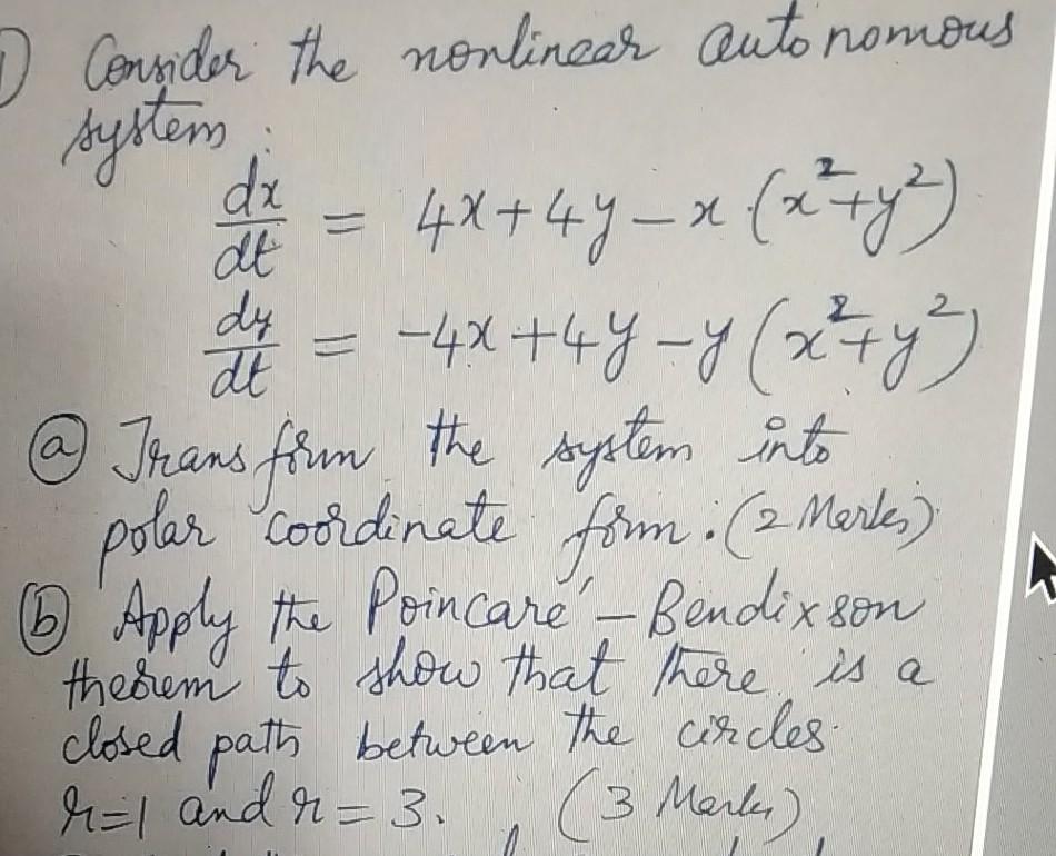 Solved 1 Consider the nonlinear autonomous system dx dt | Chegg.com