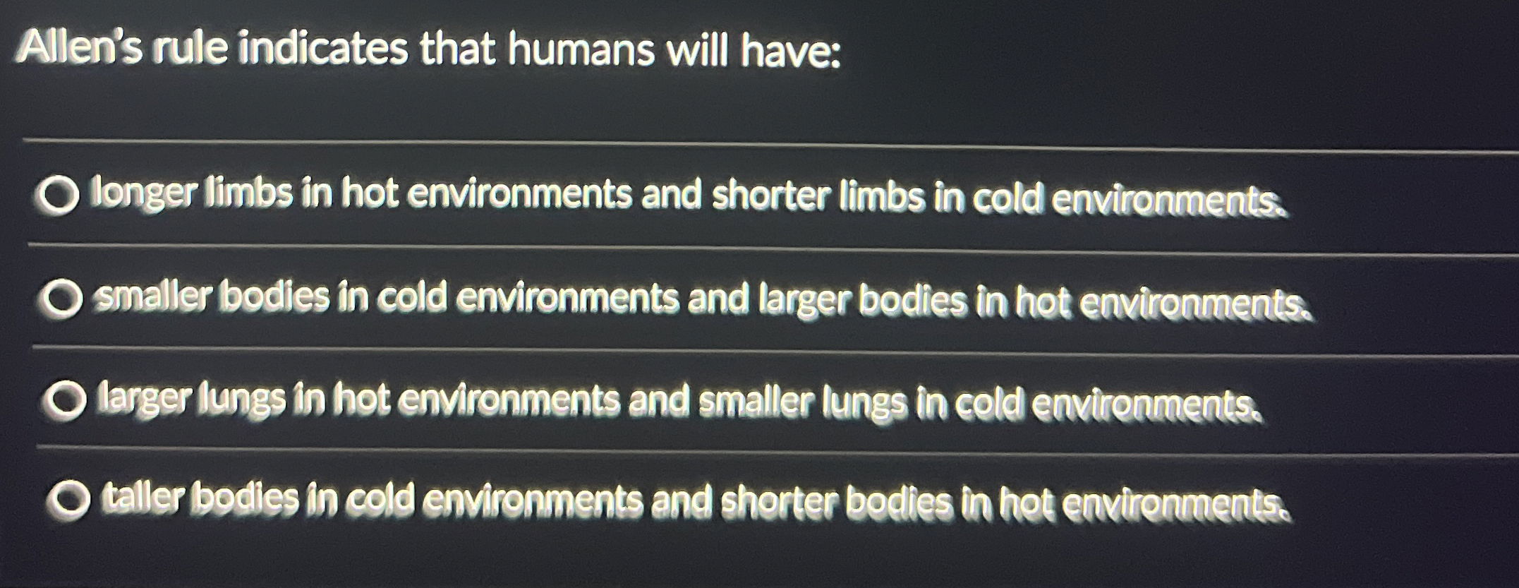Solved Allen's rule indlicates that humans will have:longer | Chegg.com