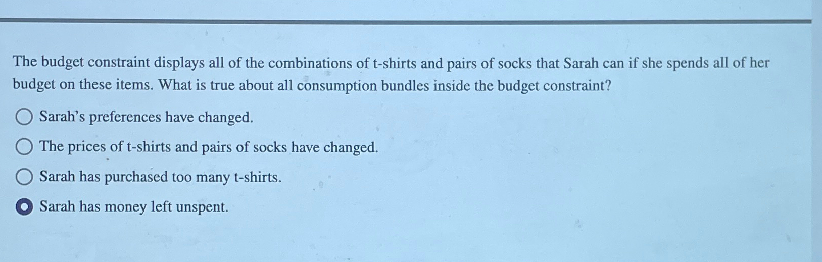 Solved The budget constraint displays all of the | Chegg.com