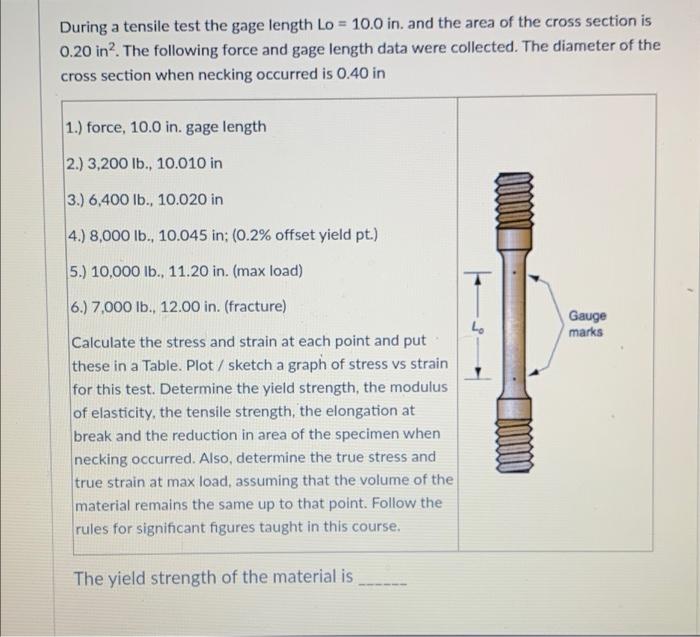 Solved During a tensile test the gage length Lo = 10.0 in, | Chegg.com