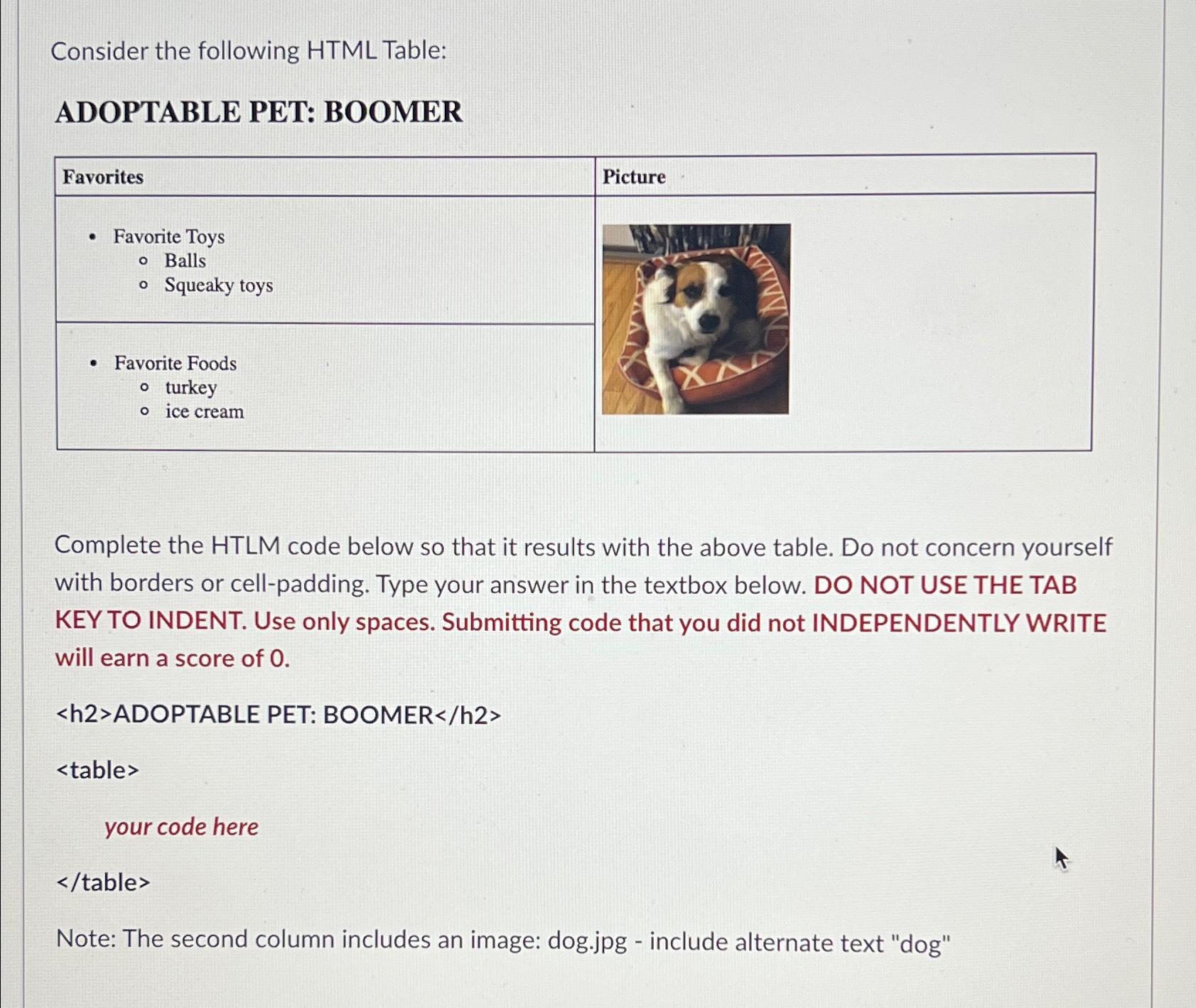 Solved Consider the following HTML Table:ADOPTABLE PET: | Chegg.com