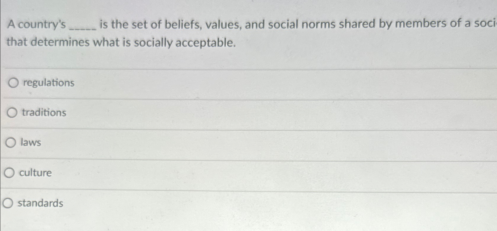 Solved A country's ﻿is the set of beliefs, values, and | Chegg.com