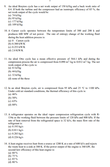 Solved An ideal Brayton cycle has a net work output of | Chegg.com