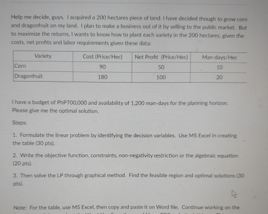 Solved LP USING GRAPHICAL METHOD (EXCEL) Help me decide, | Chegg.com