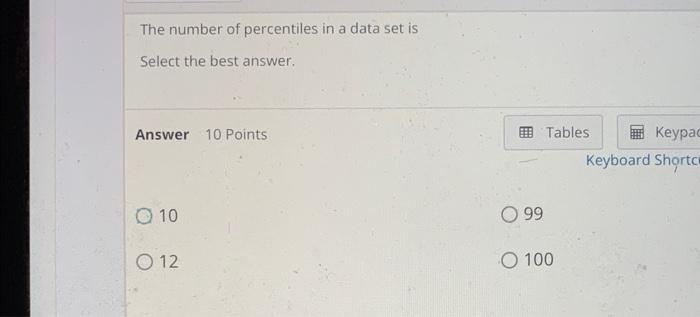 Solved The number of percentiles in a data set is Select the | Chegg.com