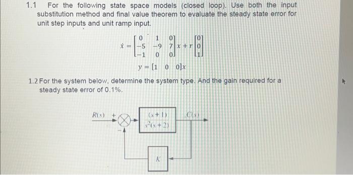 Solved 1.1 For the following state space models (closed | Chegg.com