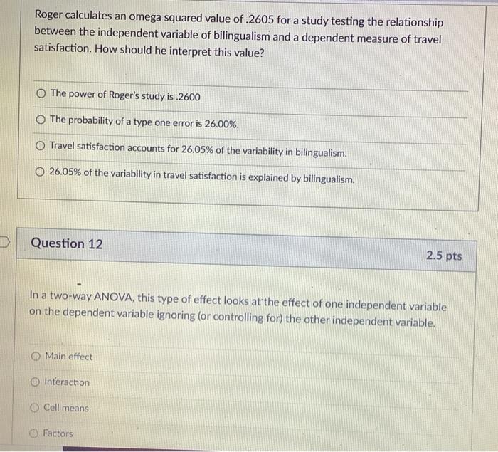 Solved Roger calculates an omega squared value of 2605 for a | Chegg.com