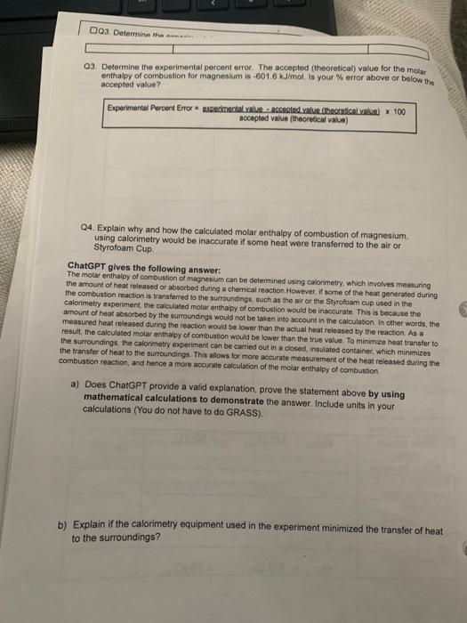 Solved Q3. Determine the experimental percent error. The | Chegg.com