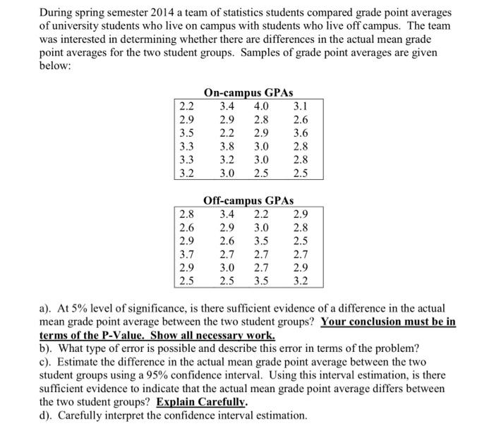 Solved During spring semester 2014 a team of statistics | Chegg.com