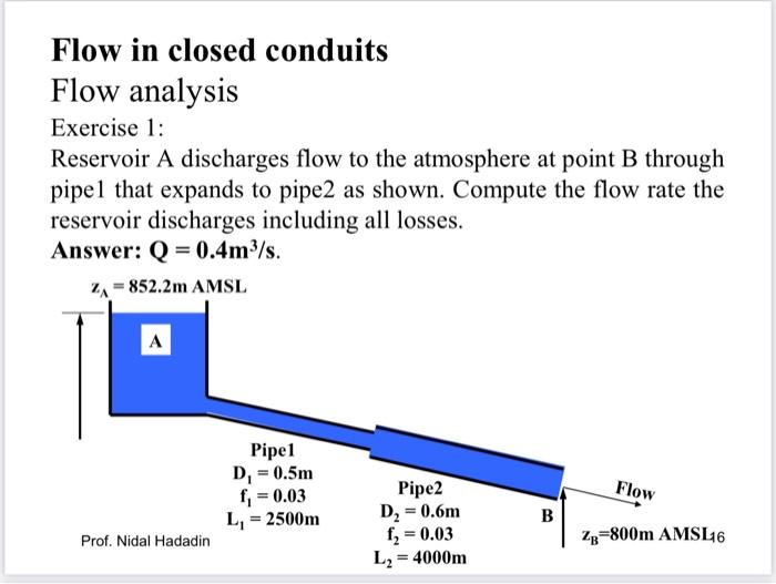 Solved Flow in closed conduits Flow analysis Exercise 1: | Chegg.com