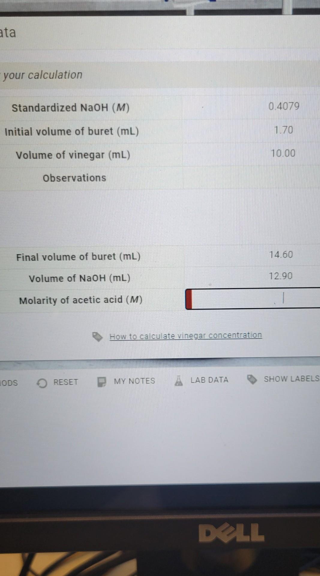 Solved ata your calculation Standardized NaOH (M) Initial | Chegg.com