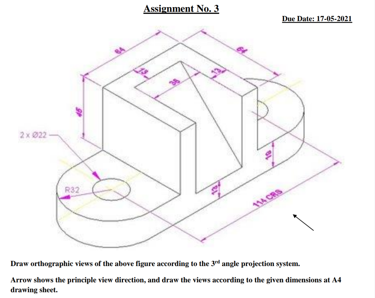 Solved Draw orthographic views of the above figure according | Chegg.com