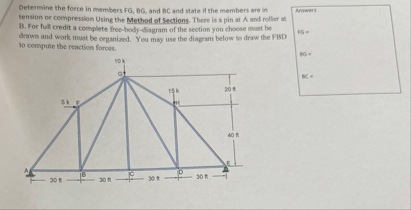 Solved Determine the force in members FG, ﻿BG, ﻿and BC and | Chegg.com