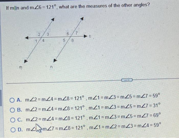 Solved If m∥n and m∠6=121∘, what are the measures of the | Chegg.com